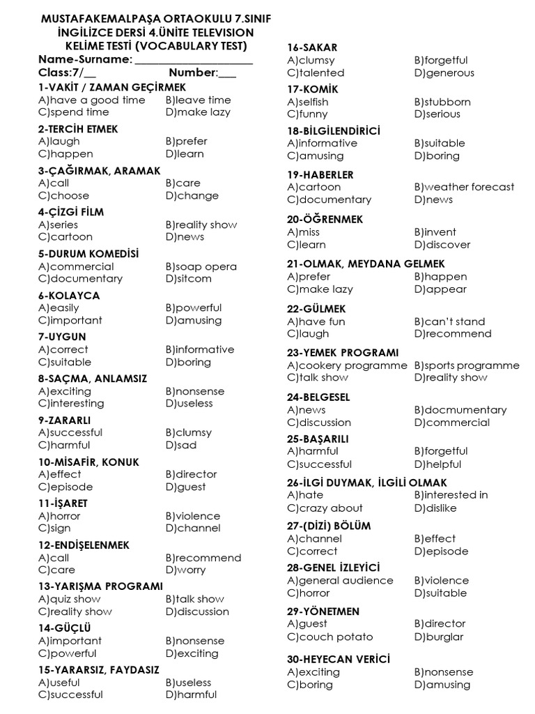 7th Grades Unit 5 Vocabulary Test_260104_122934 | PDF | Television Shows