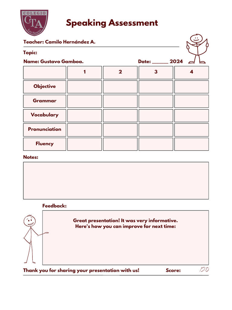 Red Speaking Assessment Rubric Worksheet | PDF