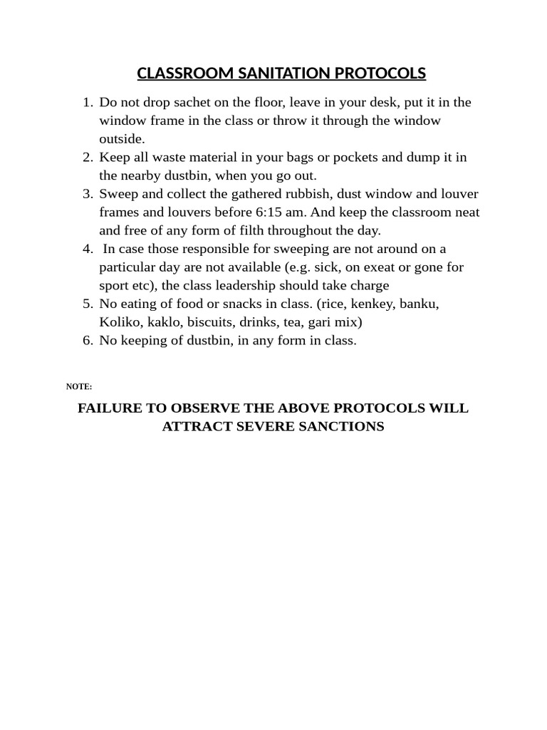 Classroom Sanitation Protocols | PDF