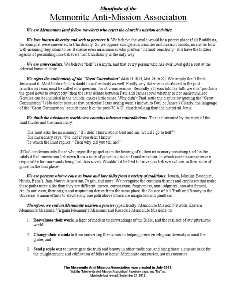 Manifesto of The Mennonite Anti-Mission Association | PDF | Missionary ...