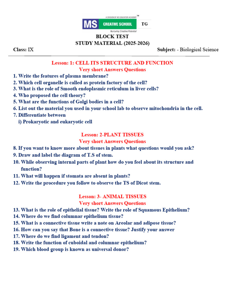 Block Test Class 9 Study Material 2025 - 26 | PDF | Tissue (Biology ...
