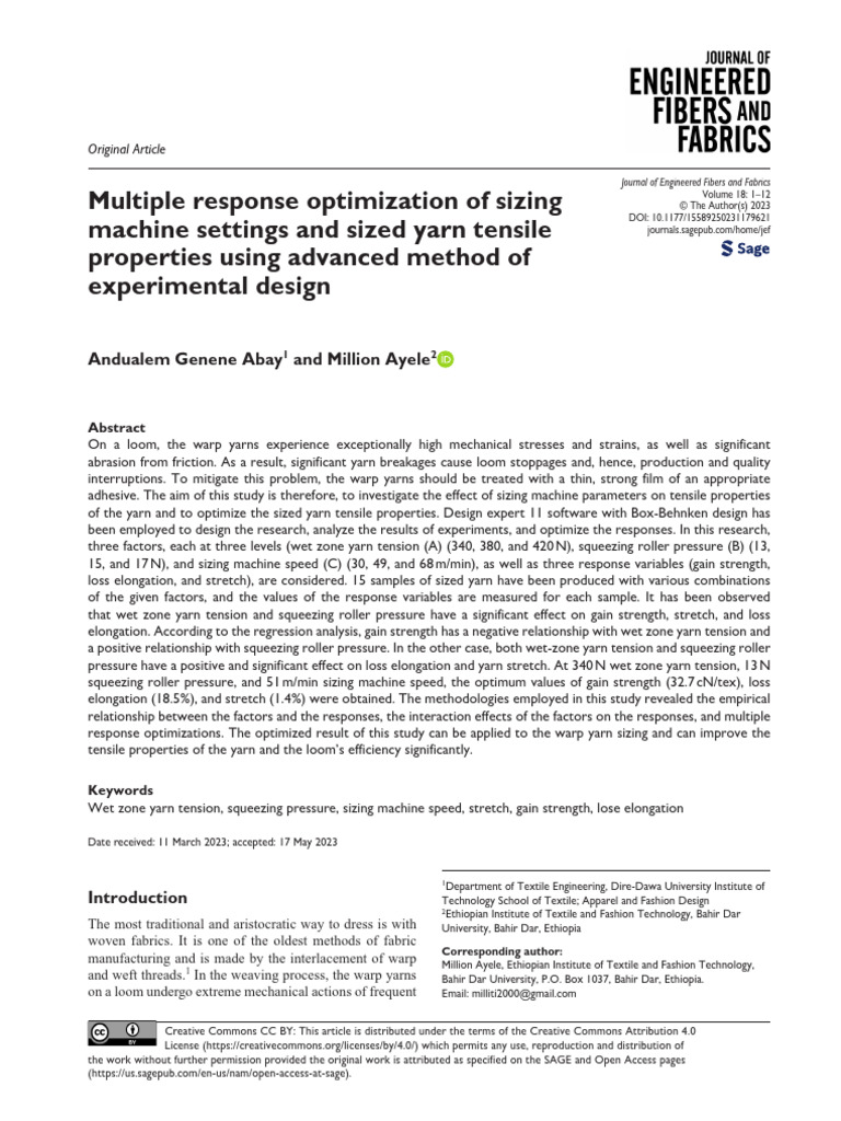 Multiple Response Optimization of Sizing Machine S | PDF | Yarn | Textiles