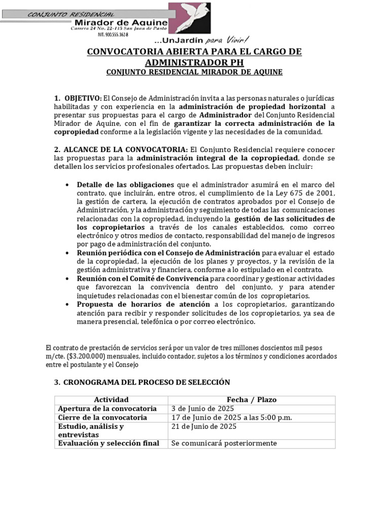 Convocatoria Administrador Mirador de Aquine | PDF | Condominio