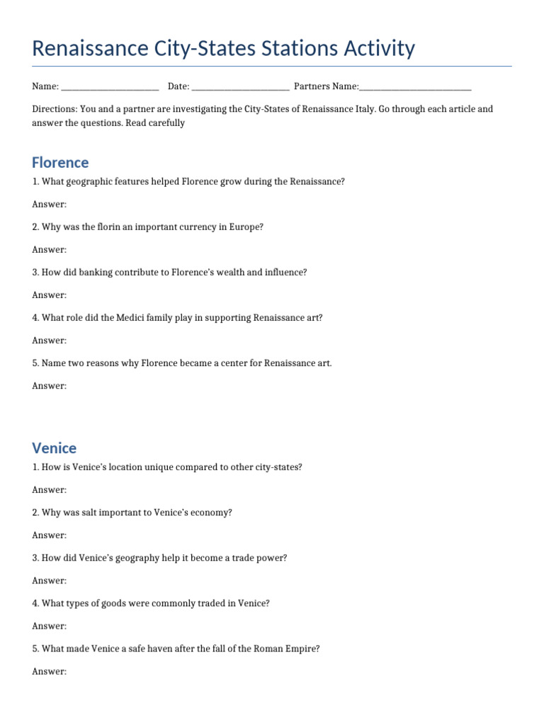 Renaissance City States Stations Worksheet | PDF