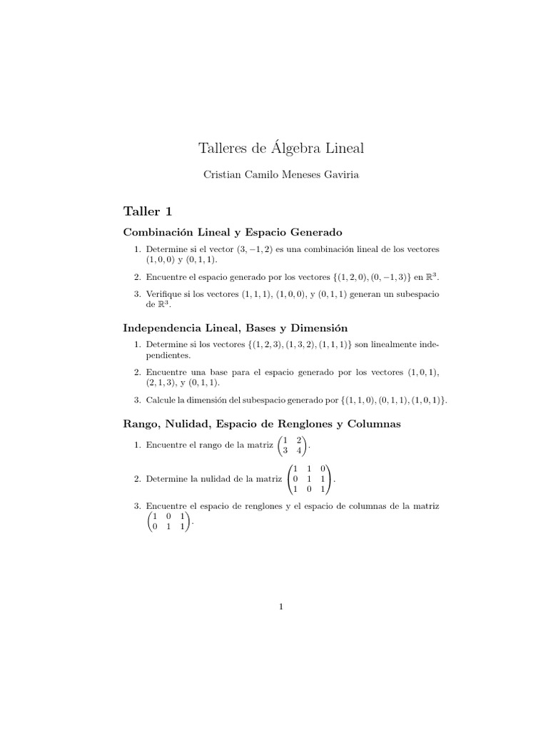 Talleres Algebra Lineal | PDF | Base (álgebra lineal) | Valores propios ...