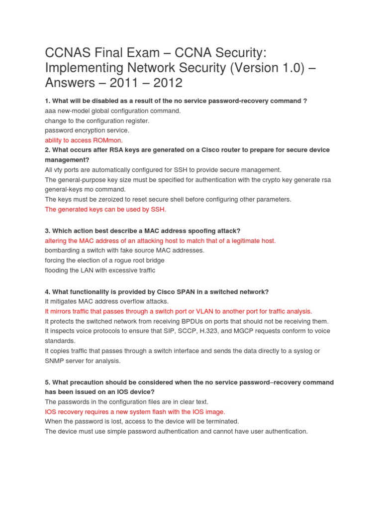 CCNAS Final Exam - CCNA Security: Implementing Network Security (Version 1.0) - Answers - 2011 ...