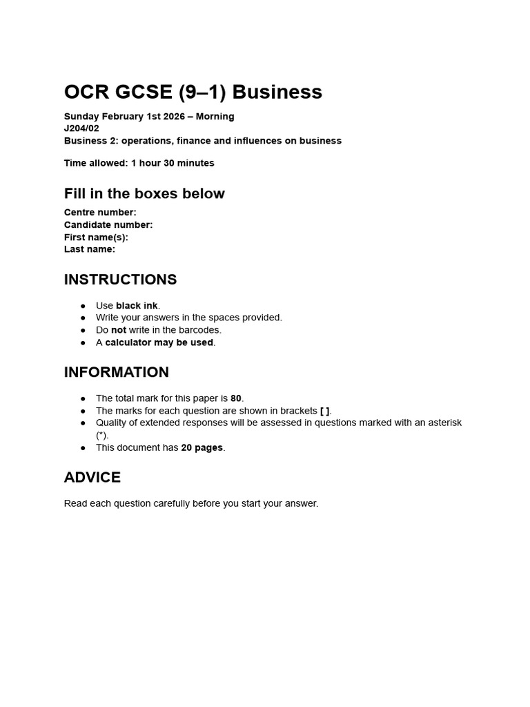 2026 OCR GCSE Business Predicted Paper | PDF | Profit (Economics) | Prices