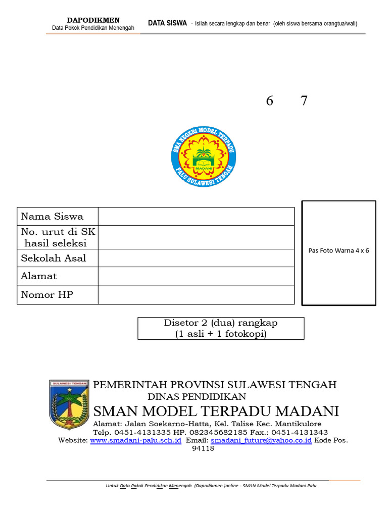 01 Form Biodata Dapodik Murid Baru SMA Madani 2026-2027 | PDF