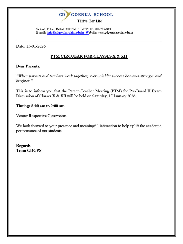 PTM Circular Classes X & Xii (15!01!2026) | PDF