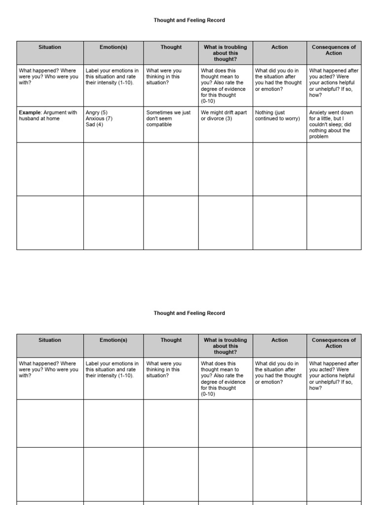 Thought and Feeling Record (Anxiety - Adult) | PDF | Thought | Emotions