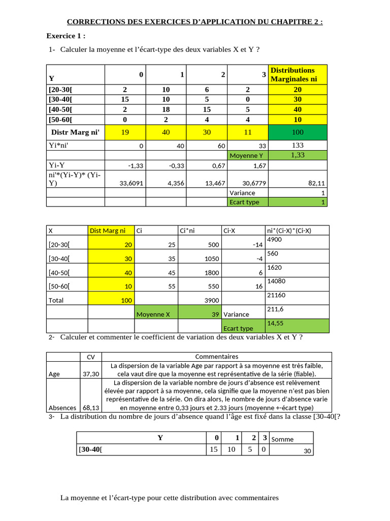 CORRECTIONS DES EXERCICES Chapitre 2 Caractéristiques Bivariées | PDF ...