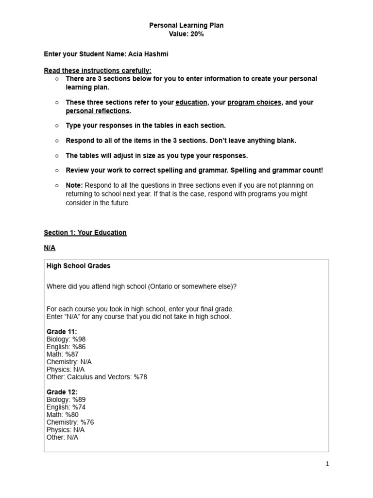 Personal Learning Plan Instructions and Worksheet | PDF | University ...