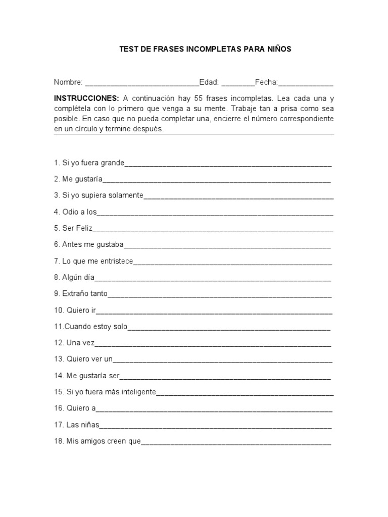 Test de Frases Incompletas de Sacks - Niños | Psicología
