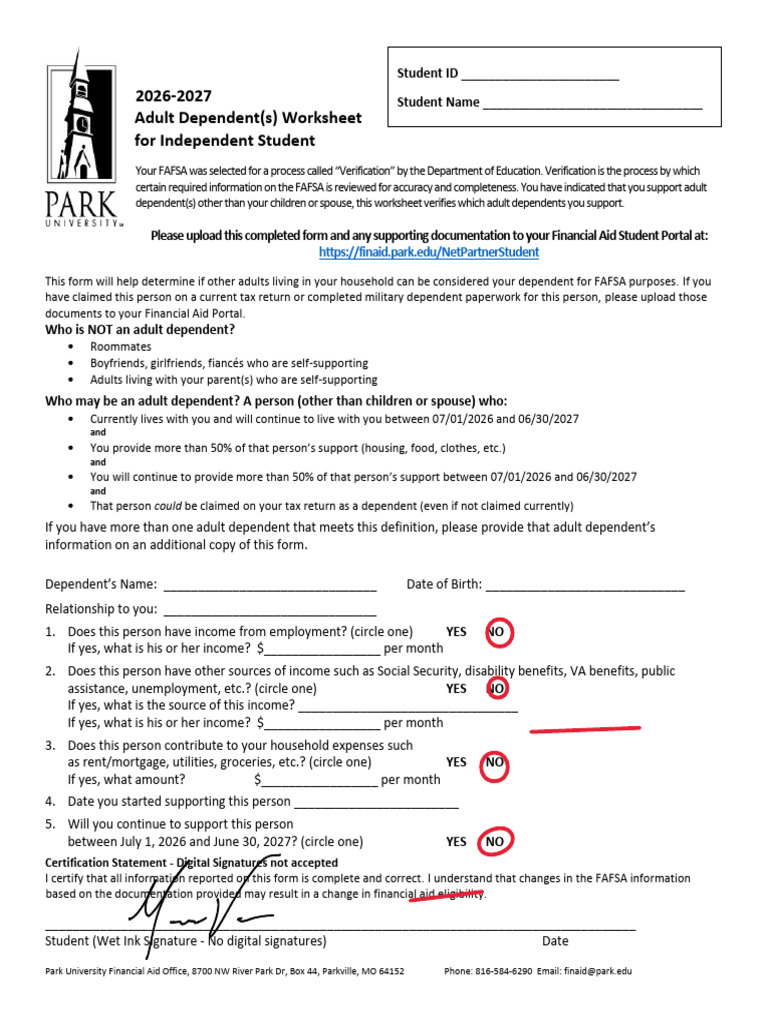 2026 2027 Adult Dependent Info Worksheet Independent Student | PDF
