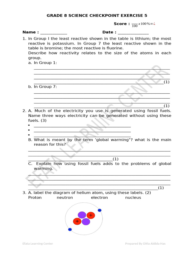 Grade 8 Science Checkpoint Exercise 5 | PDF | Water | Atoms