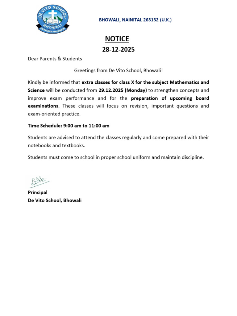 Notice for Extra Classes for Class X_1 | PDF
