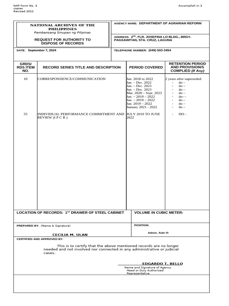 Nap Form 3 For Disposal | PDF