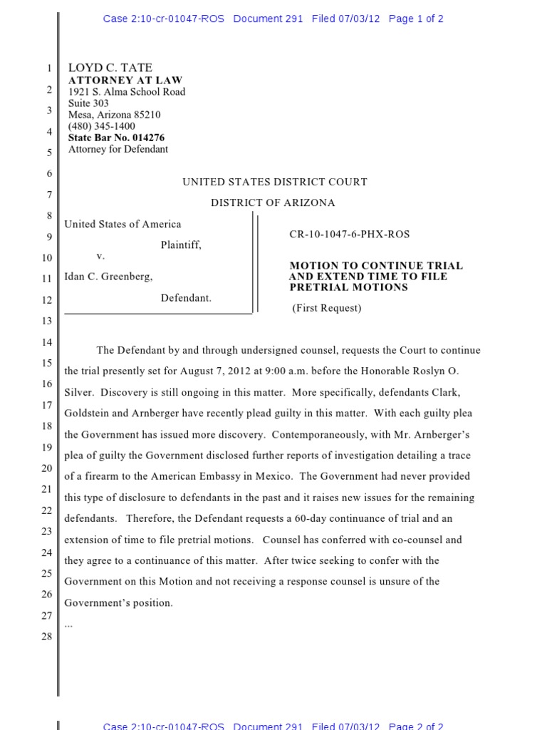 Greenberg Motion To Continue | PDF | Continuance | Plea