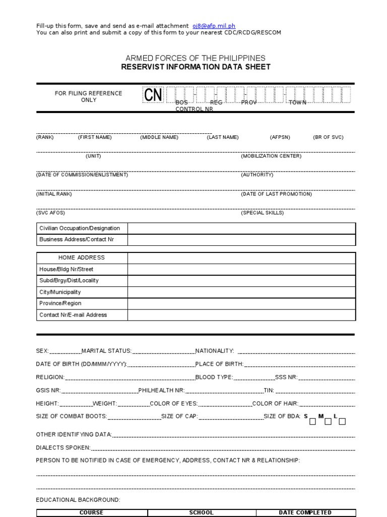 Reservist Information Data Sheet: Armed Forces of The Philippines | PDF