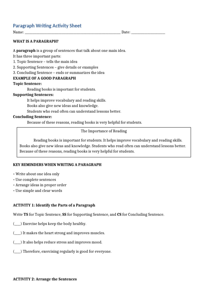 Paragraph Writing Activity Sheet | PDF