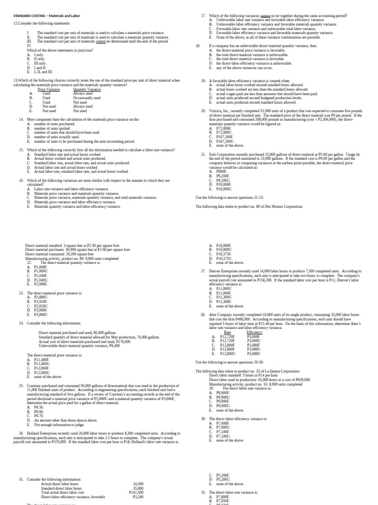 Standard Costing DM and DL Compressed | PDF | Prices | Variance