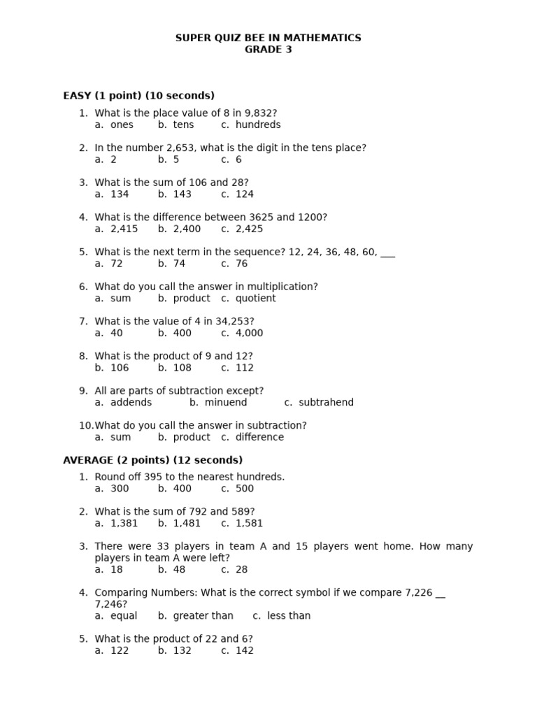 Grade 3 Math Quiz Bee | PDF