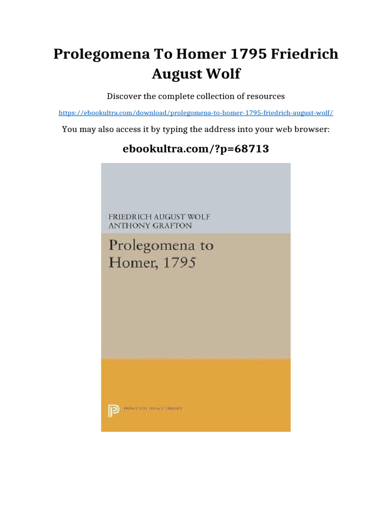 Prolegomena to Homer 1795 Friedrich August Wolf Full Access | PDF ...
