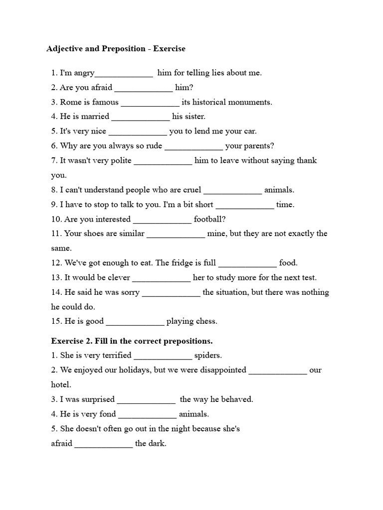 Adjective and Preposition Review | PDF