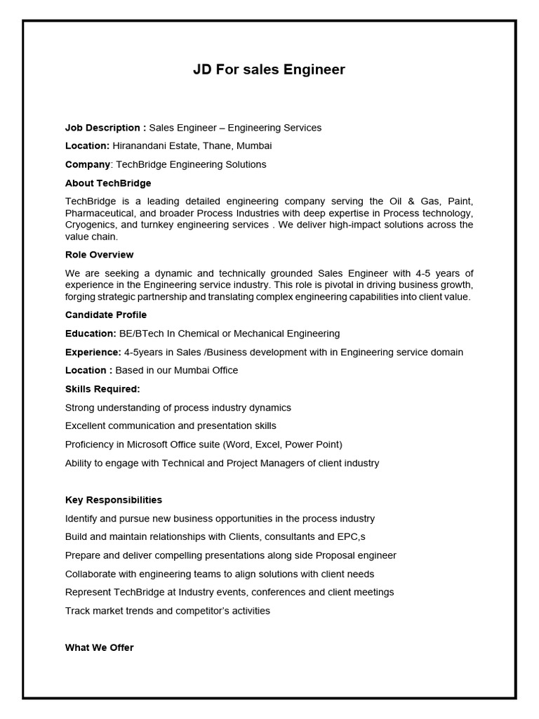 JD for Sales Engineer | PDF