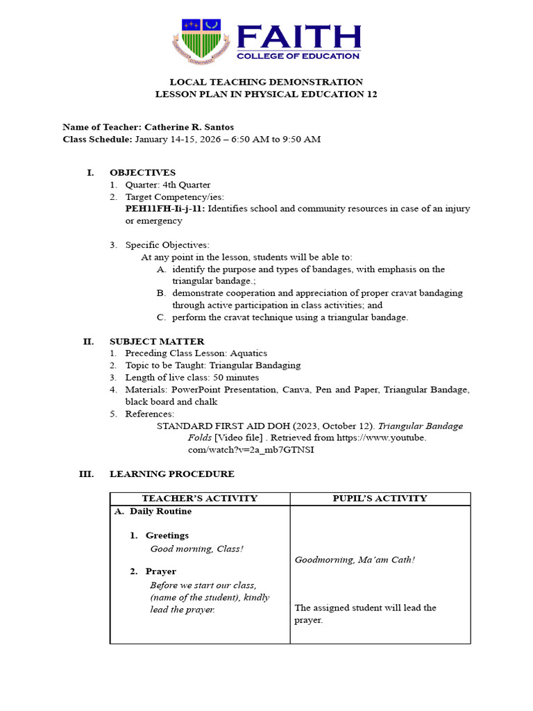 H.O.P.E - Final First Demo Detailed Lesson Plan | PDF | First Aid