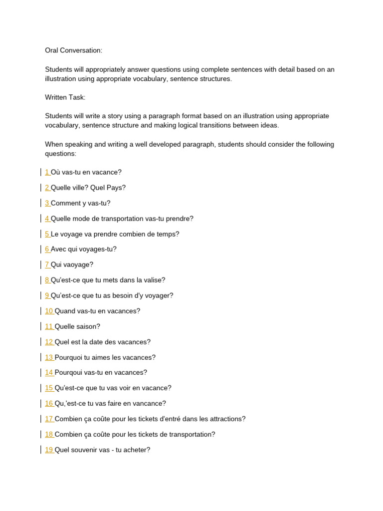 French Culminating Question Instructions | PDF