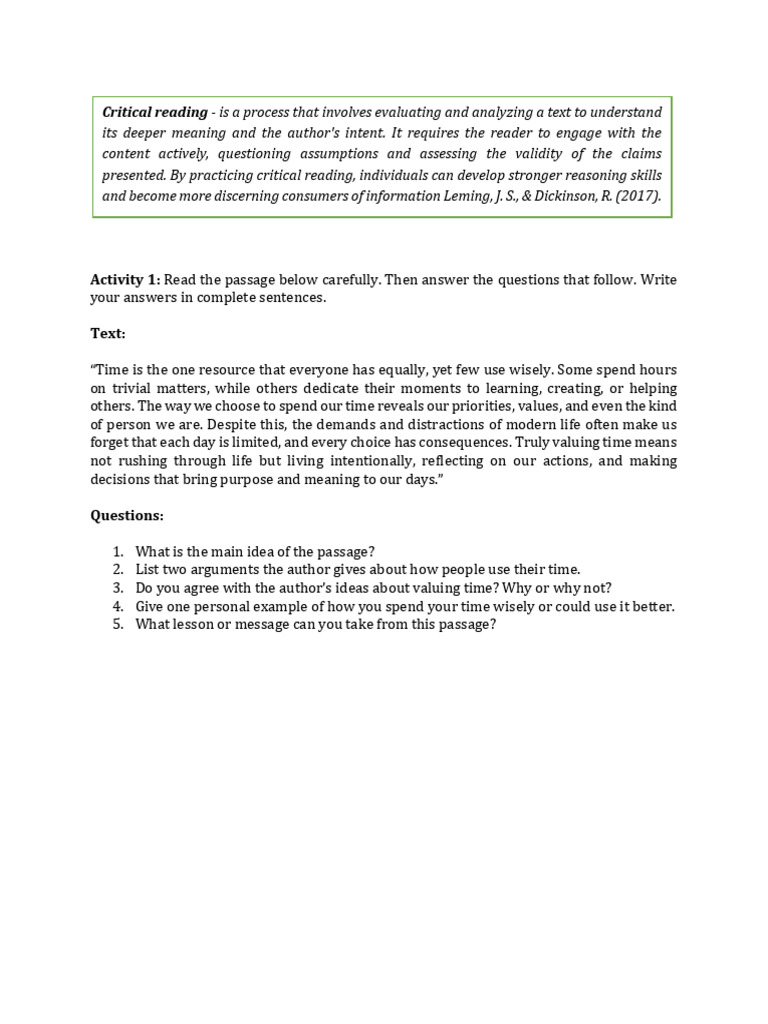 Critical Reading Activity (Feb 02, 2026) | PDF