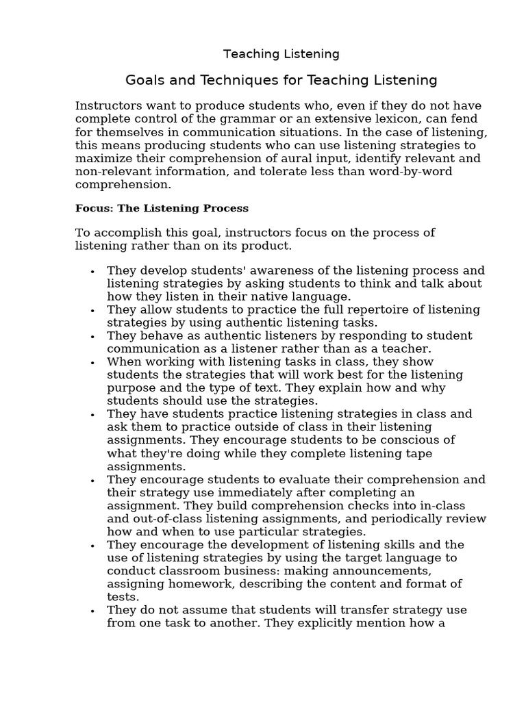 Teaching Listening Goals and Techniques 2 | PDF | Metacognition ...