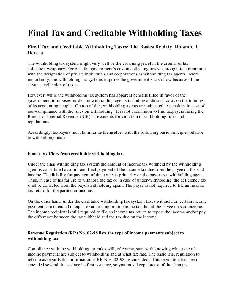 Final Tax and Creditable Withholding Taxes | PDF | Withholding Tax ...