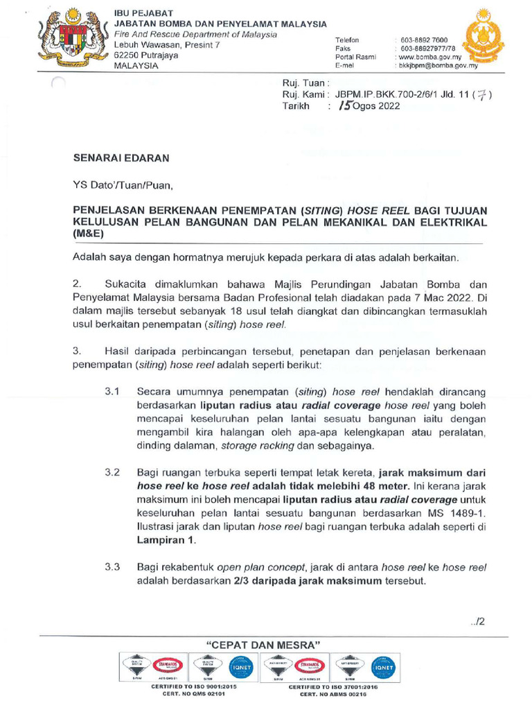 BOMBA Penjelasan Penempatan Sting Hose Reel-15.08.2022 | PDF