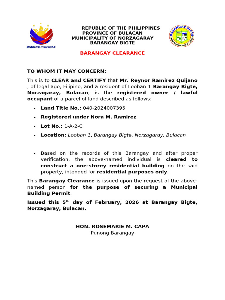 Brgy Clearance For Building Permit 2026 FORMAT | PDF