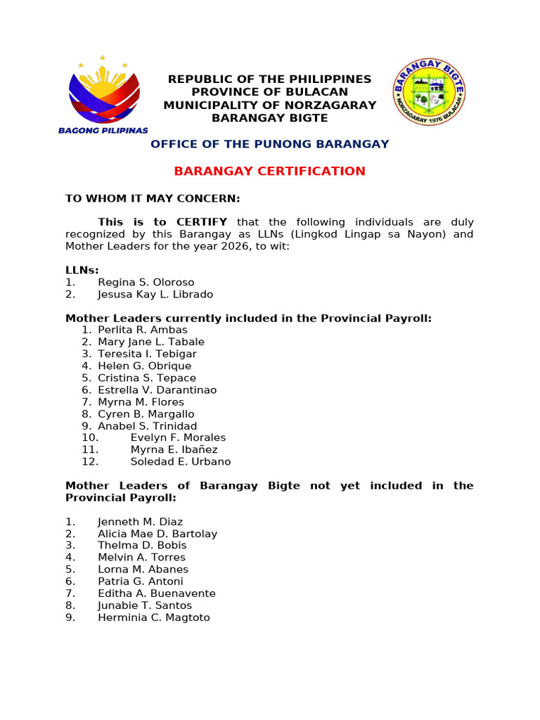 Brgy Certification Mother Leaders LLN PROVINCIAL 2026 | PDF