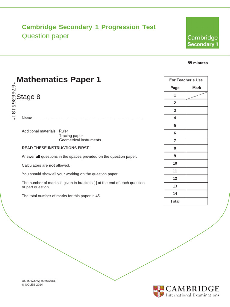 Cambridge Lower Secondary Progression Test - Mathematics 2014 Stage 8 ...