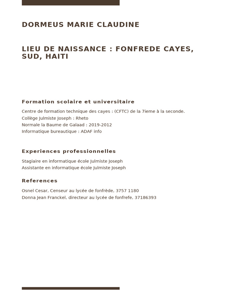 Dormeus Marie Claudine: Formation Scolaire Et Universitaire | PDF