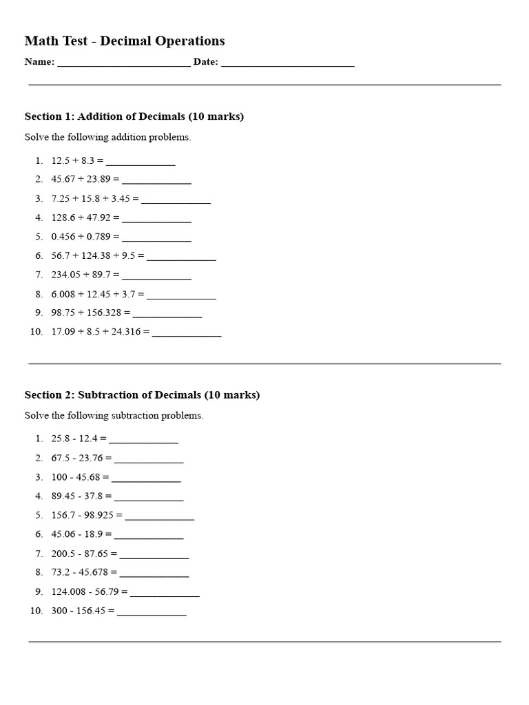 Math Test Decimals With Answers - MD | PDF | Multiplication | Chess ...