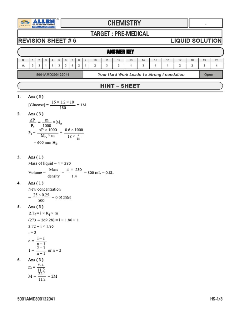 6. Sol_revision Sheet - Liquid Solution | PDF | Chemistry | Physical ...