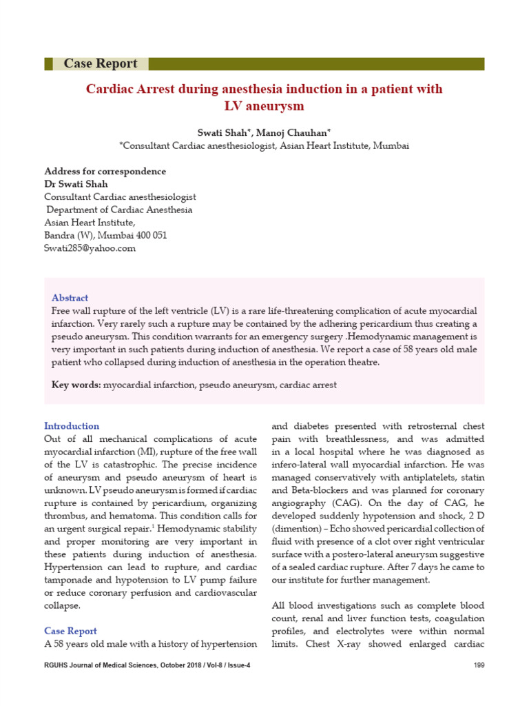 Cardiac Arrest During Anesthesia Induction in A Patient With | PDF ...