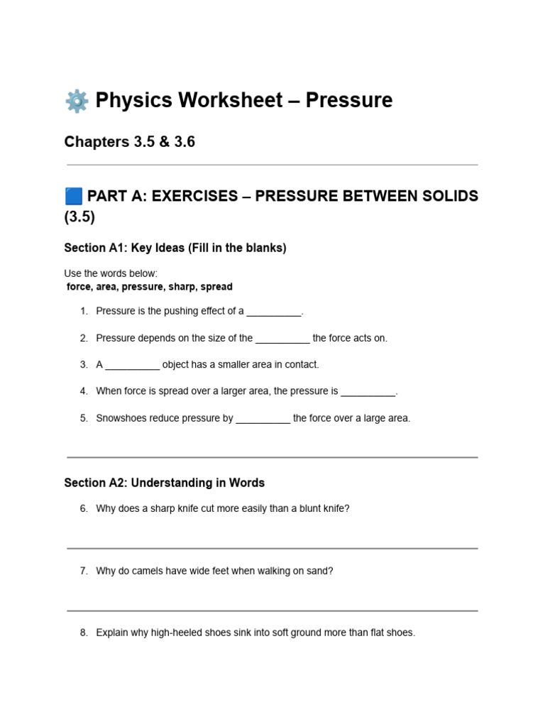 Physics Worksheet - Pressure | PDF | Pressure | Gases