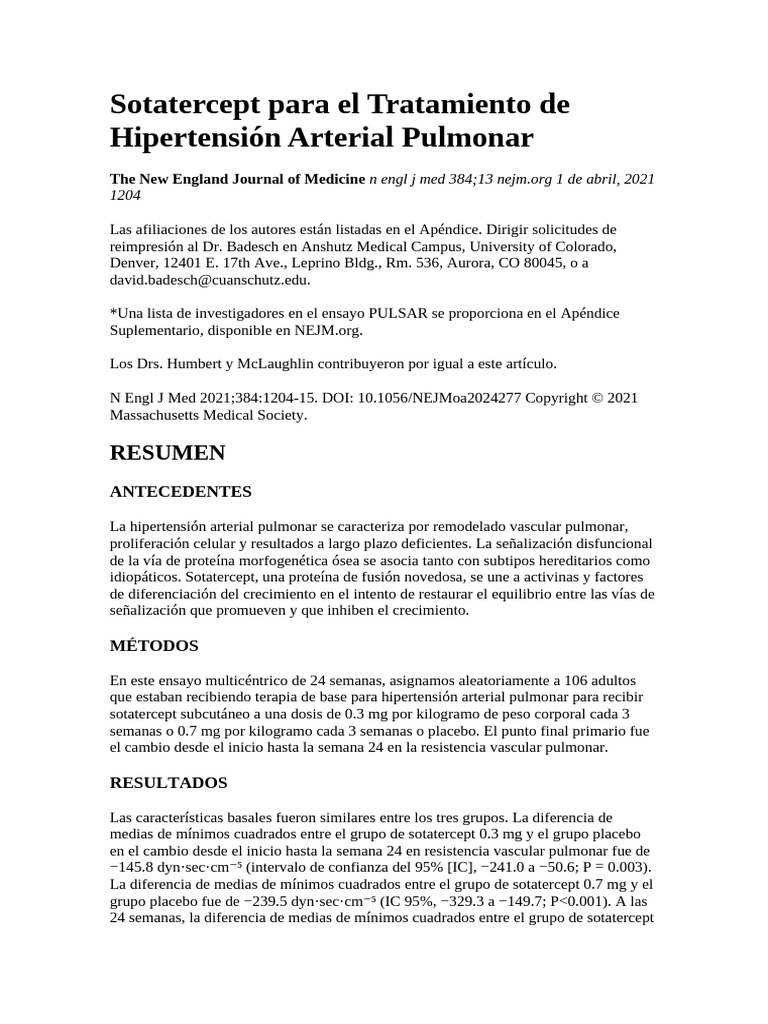 Sotatercept Para El Tratamiento de Hipertensión Arterial Pulmonar | PDF ...