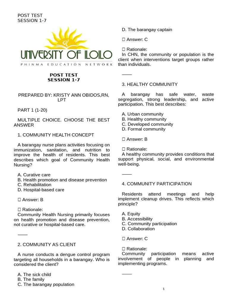 Teachers Copy Post Test 1 7 Chn (1) | PDF | Preventive Healthcare ...