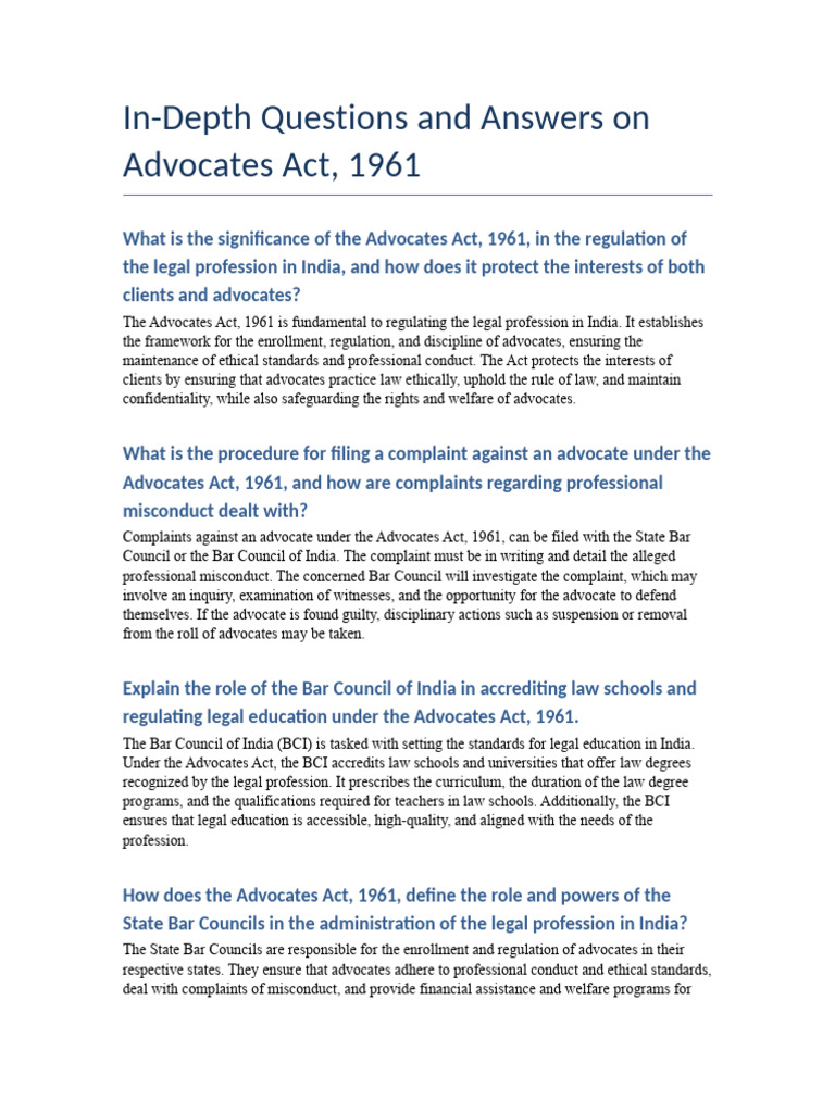 In Depth Advocates Act 1961 Questions and Answers | PDF | Advocate ...