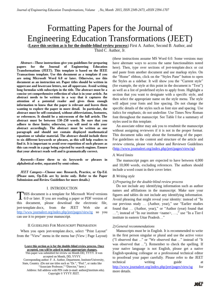Journal of Engineering Education Transformstions Format | PDF ...
