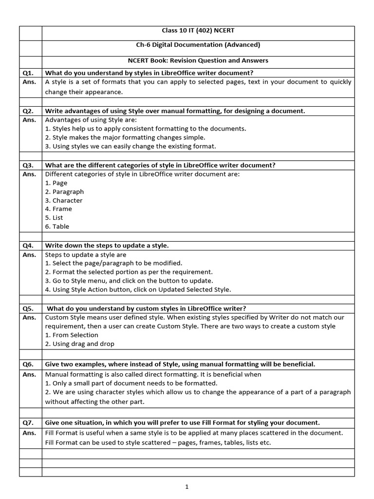 Class 10 IT Ch1 Digital Documentation NCERT Notes With MCQ | PDF | Page ...