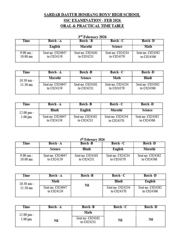 STD X - Oral and Practical Exam Time Table | PDF
