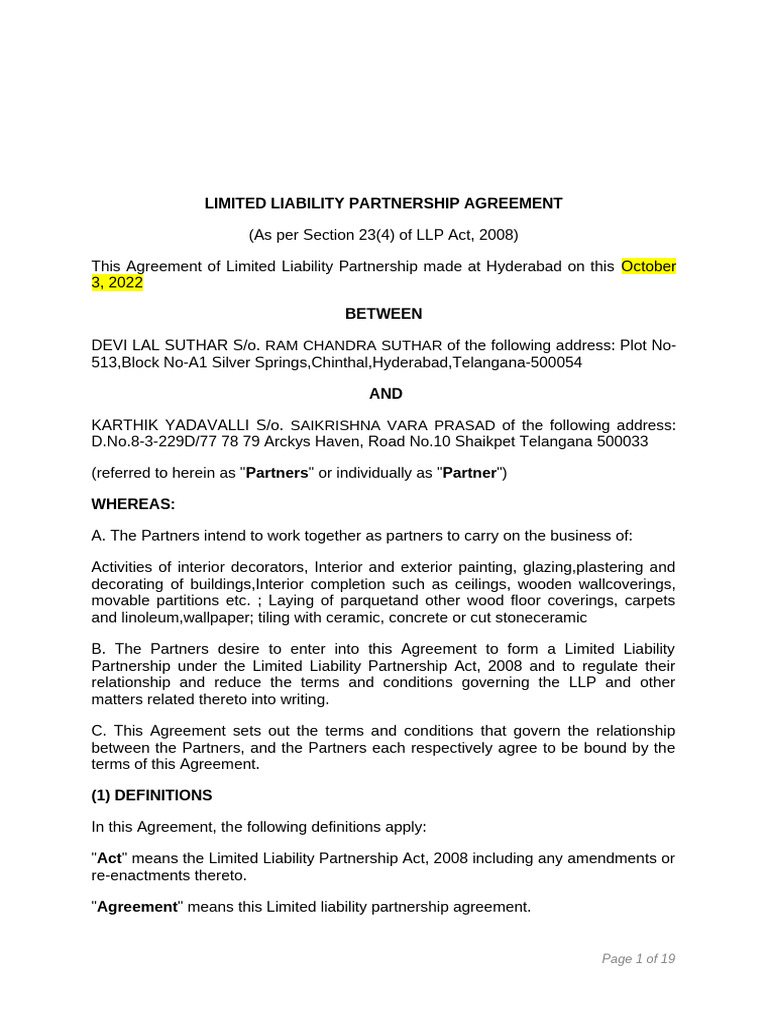 Limited Liability Partnership Agreement | PDF | Limited Liability ...